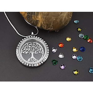 GOKING Family Tree of Life Floating Locket Necklace with 24 Birthstones, 30mm Diy Charms Living Memory Stainless Steel Pendant, Gifts for Mom Grandma Aunt Nieces Daughter Women