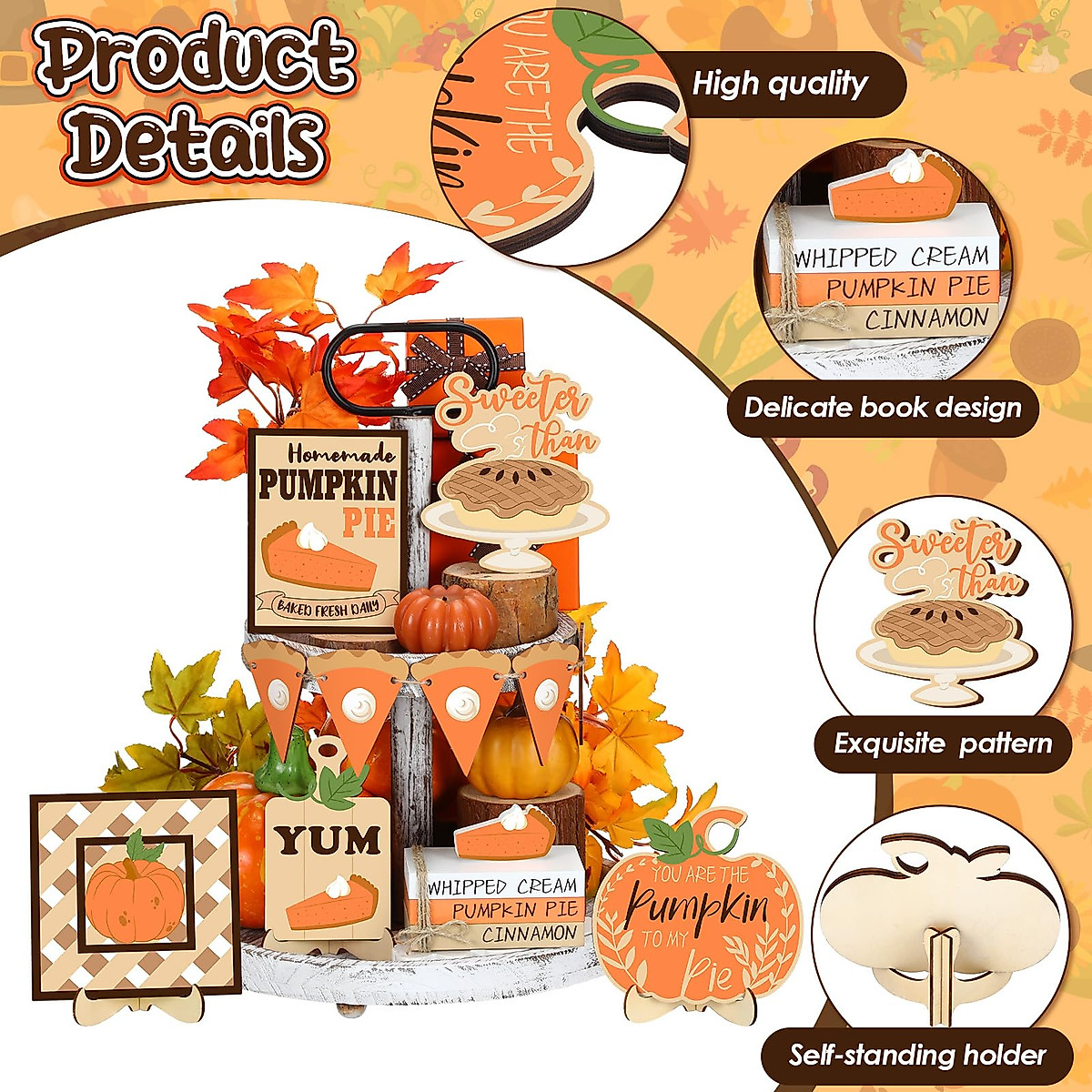 Tradder 14 Pcs Fall Tiered Tray Decorations Tiered Tray Decor Set Rustic Table Thanksgiving Decorative Trays Wooden Pie Autumn Pumpkin Tiered Tray for Farmhouse Home Kitchen Autumn Thanksgiving