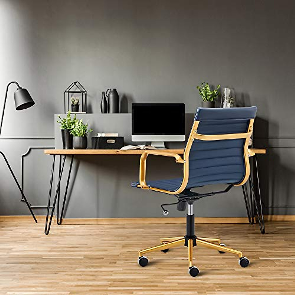 LUXMOD Gold Office Chair in Blue Leather, Mid Back Office Chair with Armrest, Gold and Blue Ergonomic Desk Chair for Back & Lumbar Support, Modern Executive Chair - Blue…