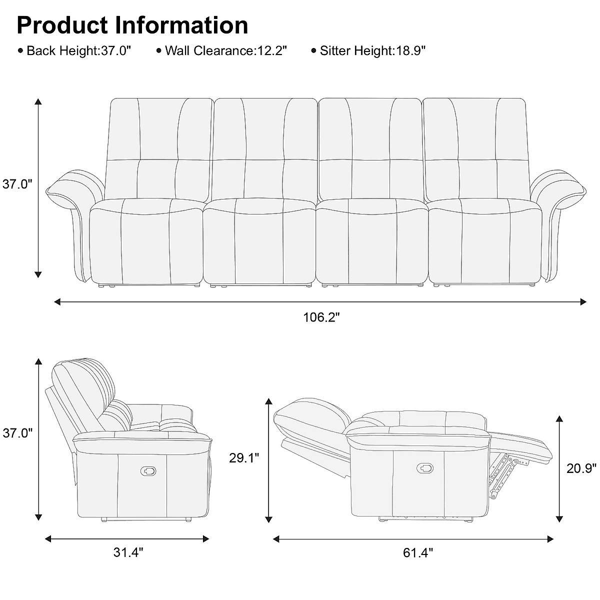 Belffin Brown Leather Recliner Sofa 4-Seater. Office Couch with Recliner, Overstuffed Headrest and Armrest Comfy Recliner Sofa for Living Room.
