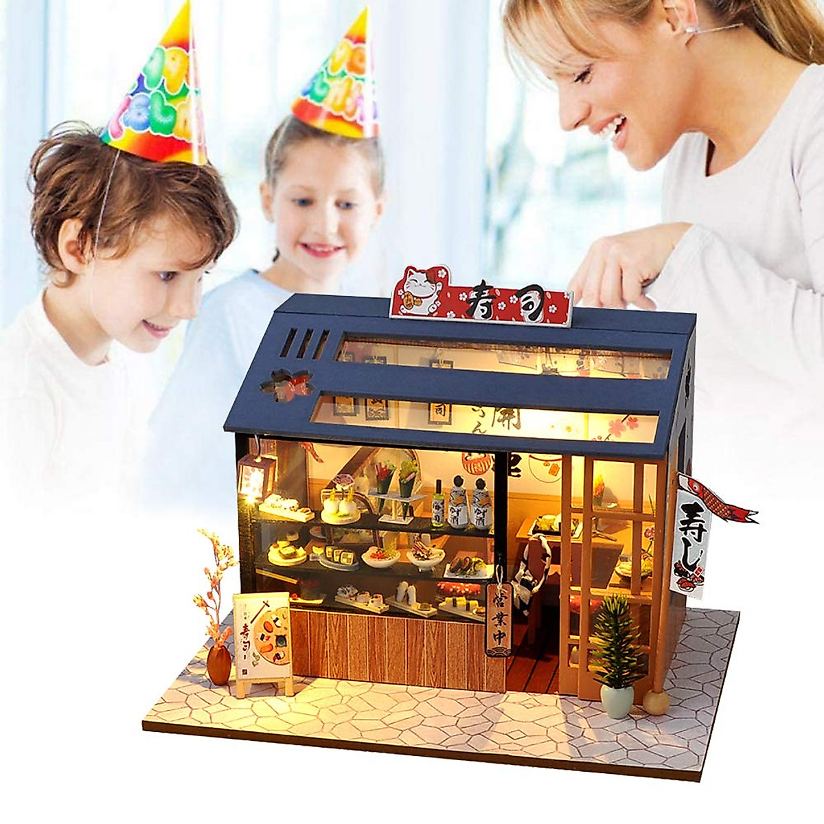 SYW Miniature Dollhouse with Furniture and LED Lights, Japanese Model Kit Wooden Dollhouse, 1:24 Scale Wooden Handmade Building Model Puzzle Toy(Sushi Shop)