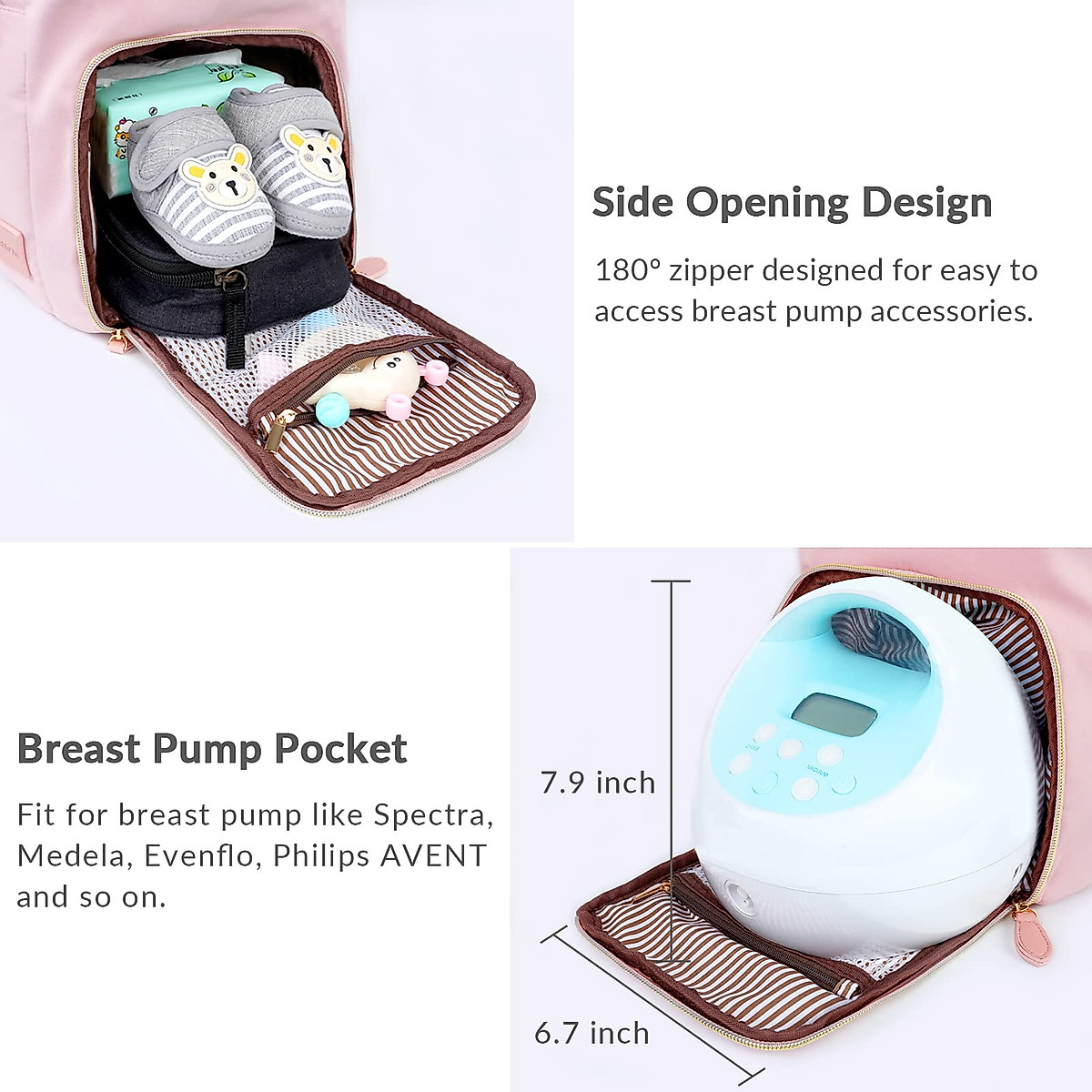 Mancro Breast Pump Bag Compatible for Spectra S1,S2, Medela Diaper Bag Tote with 3 Insulated Bottle Pockets, Pump Bag for Working Moms, Pink