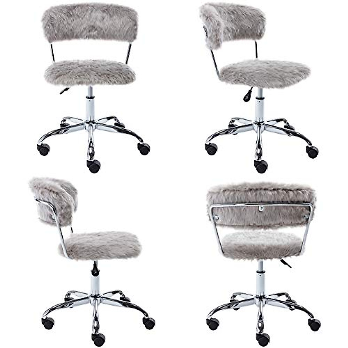 Grey Comfy Home Office Chair, Modern Cute Fluffy Armless Task Chair with Wheels, Faux Fur Upholstery