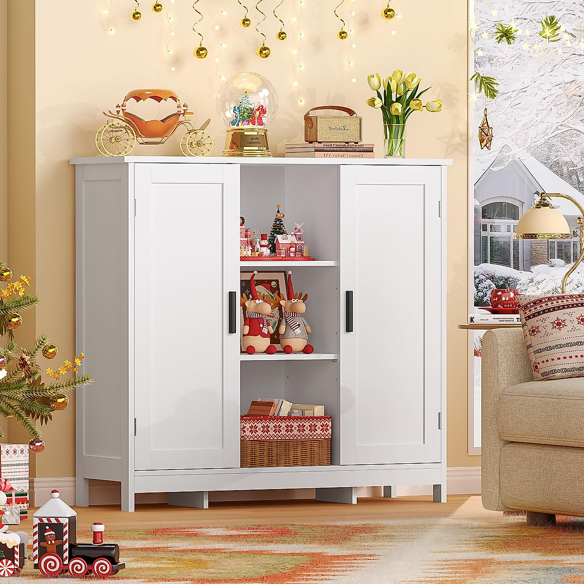 Iwell Storage Cabinet with 2 Doors and 4 Storage Shelves, Credenza Buffet Cabinet, Bathroom Cabinet for Living Room, Entryway, Home Office, White