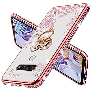 KuDiNi for LG Stylo 6 Case for Women Glitter Crystal Soft TPU Bling Cute Butterfly Heart Floral Clear Protective Cover with Kickstand+Strap for LG Stylo 6/LG K71/LG Stylus 6/LG Stylo 6(Rose Gold)
