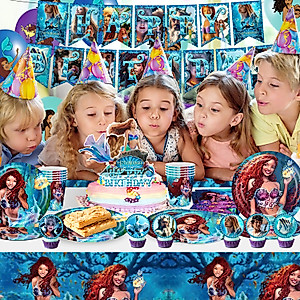 YUNKELIU Little Mermaid Party Decorations, Ariel Birthday Decorations Includes Backdrop, Happy Banner, Balloons, Tablecloth, Cake Cupcake Toppers, Tableware for Under the Sea Theme Decor