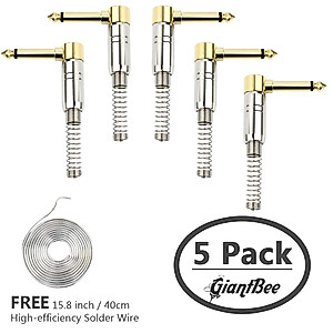 1/4" Audio Plugs 6.35 mm Plug TS Male 1/4'' Solder Type Mono Plug Right Angle Heavy Duty Connector with Buffered Spring for DJ Mixer Speaker Guitar, Phono Patch Cable Microphone Cables (5P)