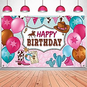 Cowgirl Themed Birthday Party Decorations, Happy Birthday Party Backdrop Pink Horse Birthday Party Supplies Cowboy Birthday Banner Photo Booth Photography Background for Girls