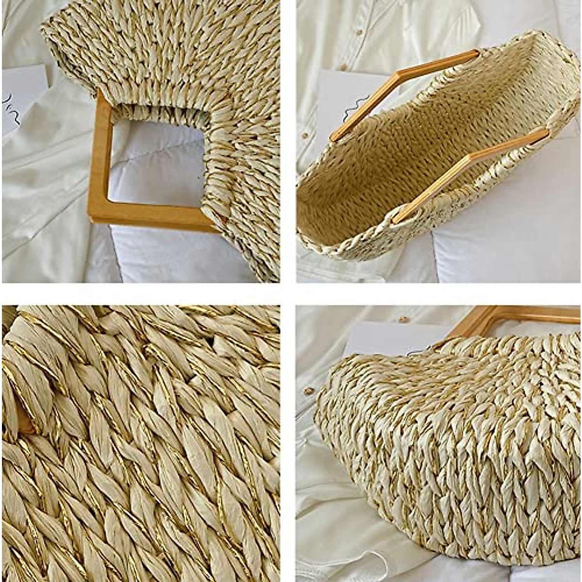 Tellrain Straw Bags for Women Semi Round Large Tote Purse Casual Summer Vocation Straw Handbag Woven Tote