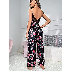 WDIRARA Women's Satin Pajamas Floral Backless Camisole and Pants Summer Pj Lounge Set Black S