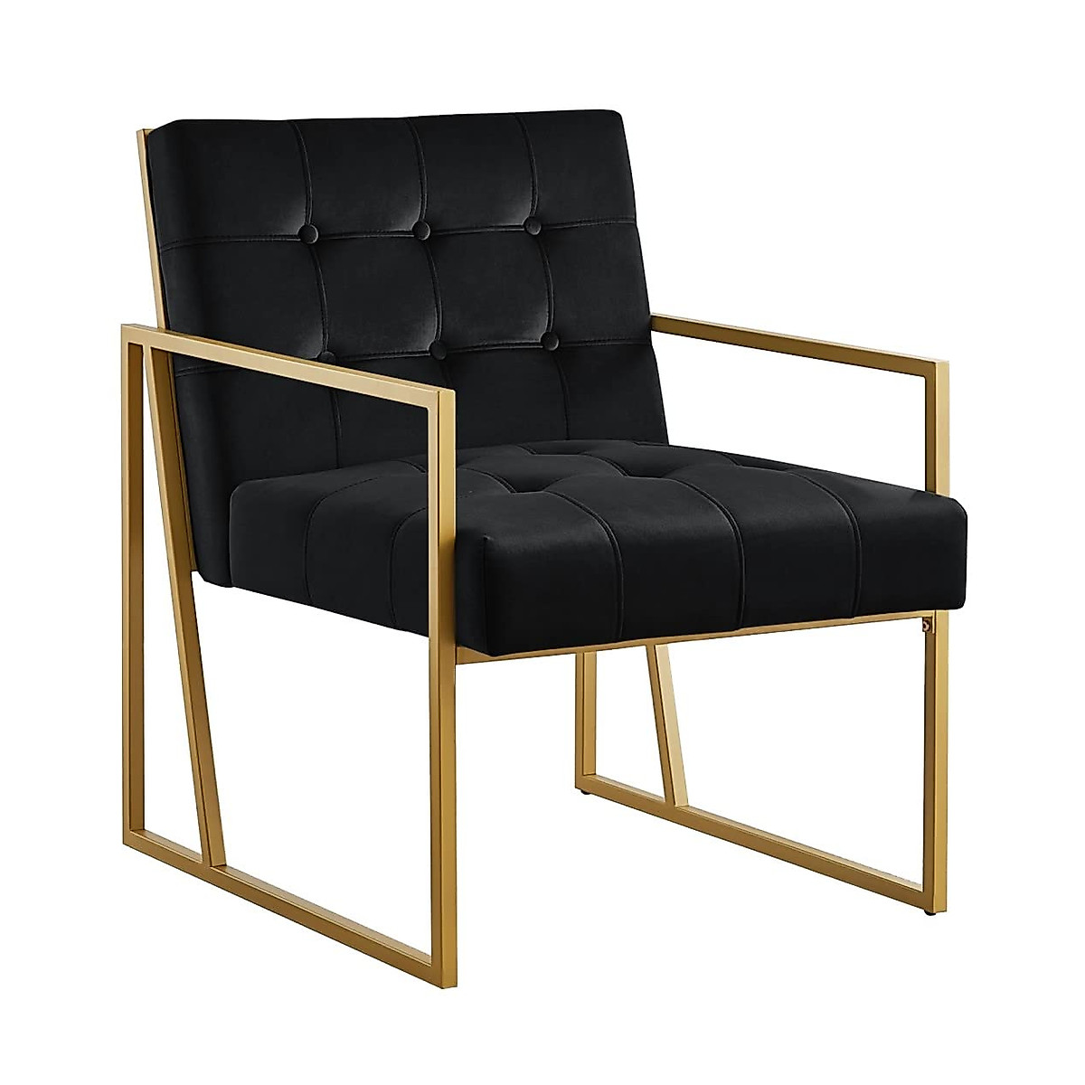 24KF Modern Black Velvet Button Tufted Accent Chair with Golden Metal Stand, Decorative Furniture Chairs for Living Room Bedroom - Black