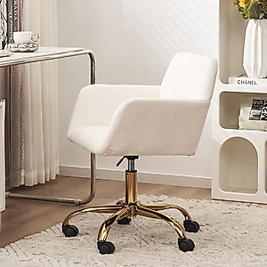 SSLine Faux Fur Vanity Chair Elegant White Furry Makeup Desk Chairs for Girls Women Modern Comfy Fluffy Arm Chair Stool with Wheels in Bedroom Living Room (G Type-White&Gold)
