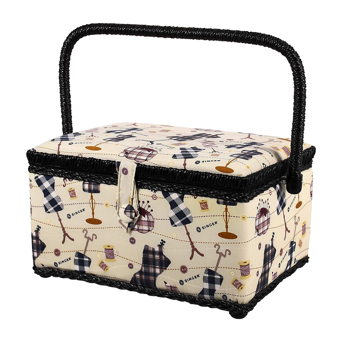 SINGER Sewing Basket with Sewing Kit, Needles, Thread, Scissors, and Notions (Plaid Forms Print)