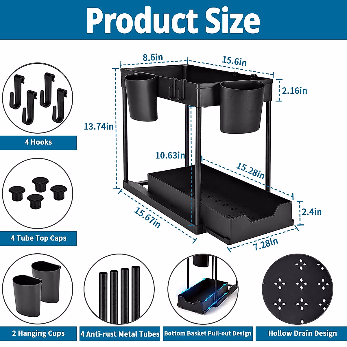 Under Sink Organizers and Storage, Pull Out Undersink Organizers Basket, 2 Tier Bathroom Cabinet Storage with Towel Rack Hooks, Hanging Cup, Multi-purpose Storage Shelf for Kitchen Toilet