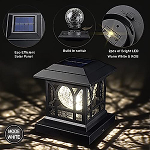 Solar Post Cap Lights Outdoor Fits 3.6x3.6 4x4 4.5x4.5 5x5 Wooden Fence Deck Patio Garden, RGB & Warm White 2 Lighting Mode, 20 LM 1000mAh Battery IP65 Waterproof, ABS Shell Glass Lens, Black (4 Pack)