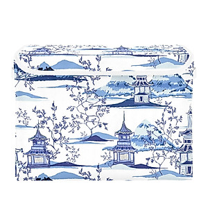 susiyo Ink Chinoiserie Pagodas Storage Bin Large Collapsible Storage Box Stackable design Fabric Storage Bins with Lids Decorative Multi-Color Foldable Organizing Baskets For Closet