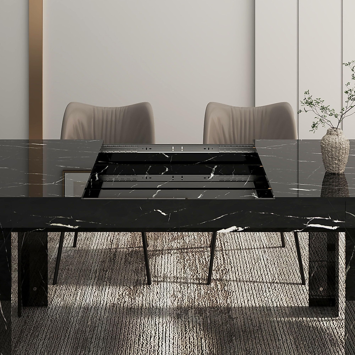 Fingertip WD Extendable Dining Table for 6-10 Person, Wooden Dining Room Table, Modern Extendable Table for Small Kitchens, Dining(Black Marble)