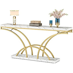 LITTLE TREE Faux Marble Console Sofa Table with Gold Half-Moon Legs,Mid-Century Modern Accent Tables for Entryway, Living Room