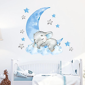 Cute Blue Sleeping Baby Elephant Wall Stickers, sacinora Moon and Stars DIY Art Wall Decals Removable Vinyl Peel and Stick for Kids Baby Boys Nursery Bedroom Toddler Room Decorations