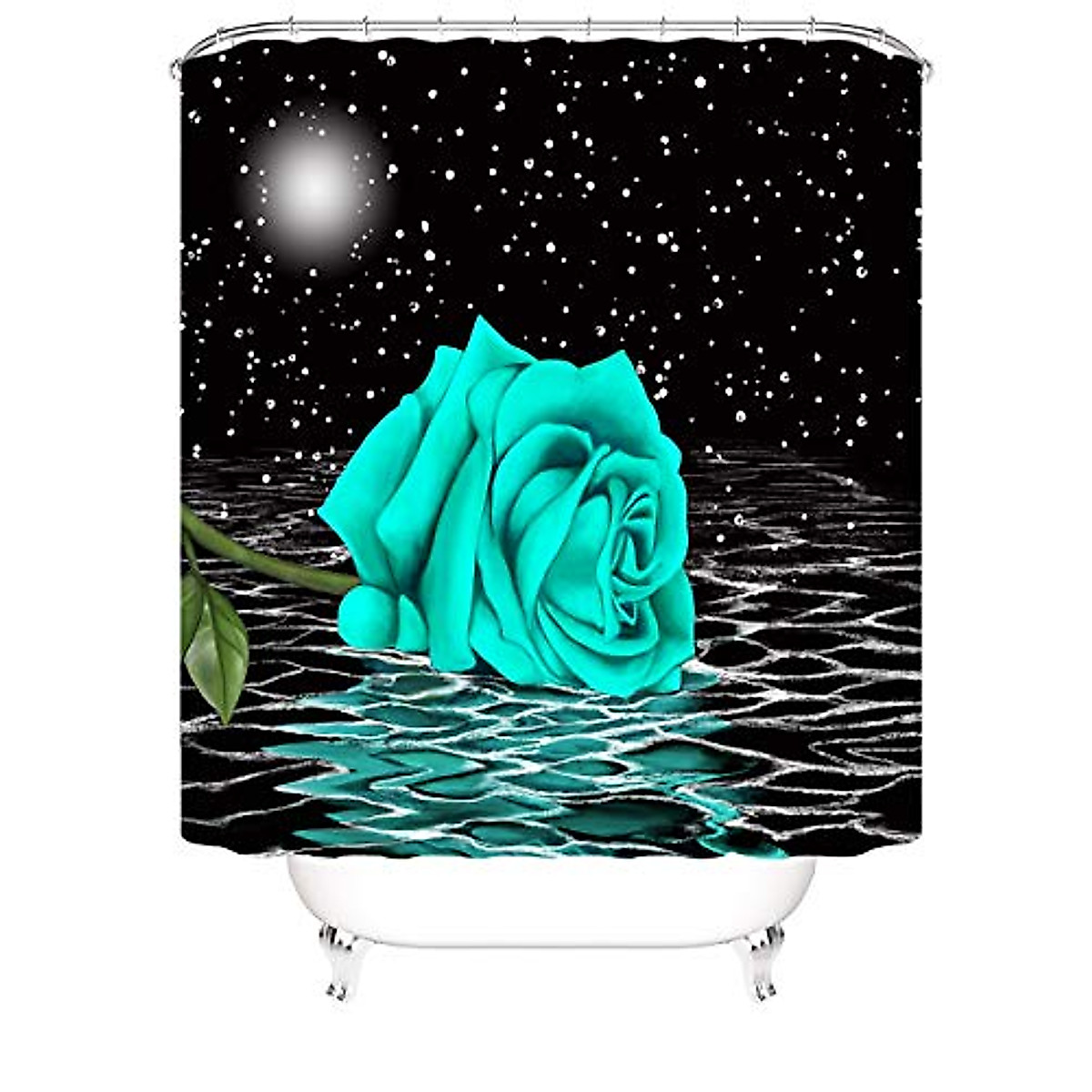 Taysta 4Pc Teal Rose Flower Under Moon Black Romantic Starry Night Sky Shower Curtain Sets Non-Slip Rug, Toilet Lid Cover, Bath Mat, Bathroom Decor Curtains with 12 HooksWaterproof Fabric