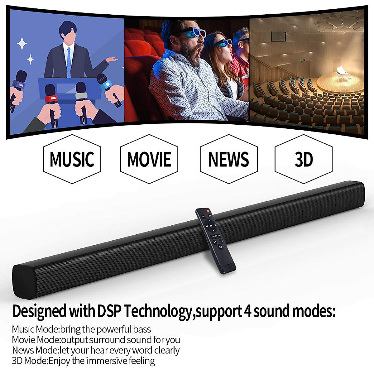 hmovie Sound Bar, 3D Surround Sound for Home Theater