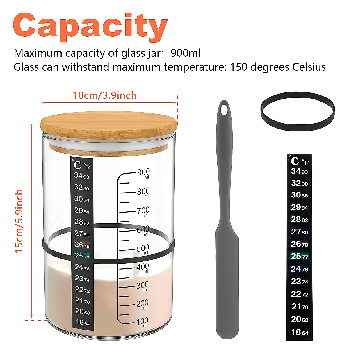 Sourdough Starter Jar with Wooden Lid 900ml Sourdough Starter Container, Wide Mouth Clear Sourdough Fermentation Jar Glass Starter Jar with Temperature Paper Spatula Rubber String for Baking Bread