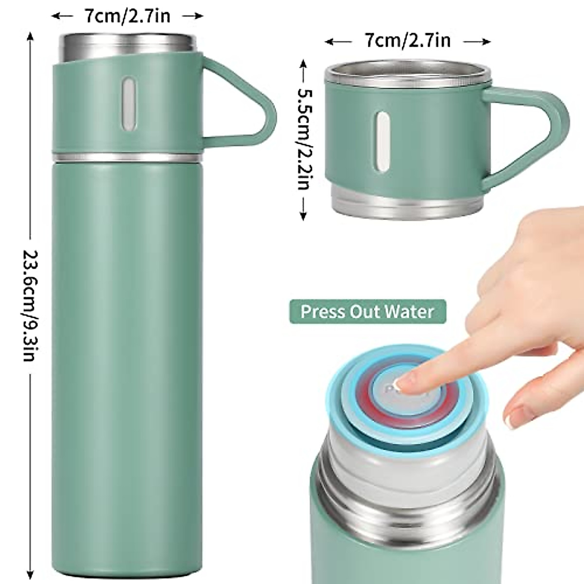 MUCR 500ml/17 OZ Stainless Steel Coffee Thermo Vacuum Flask Set, Insulated Water Bottle with Three Cup for Hot and Cold Drinks, Green