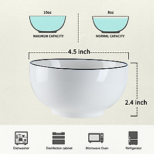 YOLIFE 10 oz Dessert Bowls Set, Ice Cream Bowls Set of 4, Small Porcelain Cereal Bowls White with Black Trim, Microwave Dishwasher Safe