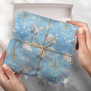 SaringSwoon Blue Baby Shower Wrapping Paper - Watercolor Gift Wrap With Funny Elephant, Giraffe, Rabbit, Baby, and Galaxy Design for Baby Shower, Birthday, Christmas - 20×29 Inches, 6 Folded Sheets