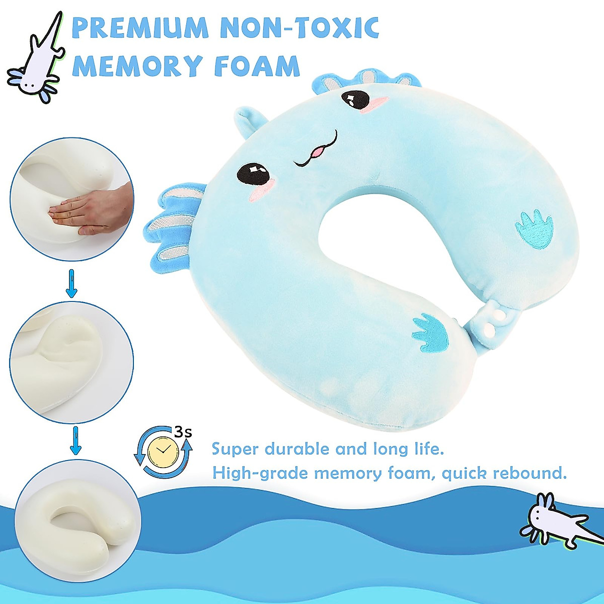 Travel Pillow, Kids Travel Pillow with Sleep Eye Mask Soft Memory Foam Kids Neck Pillow for Boys & Girls, Travel Accessories for Car Airplane Traveling - Blue Axolotl