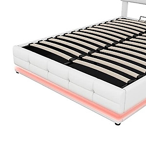 Full Size Lift Up Storage Bed/with Storage and LED Light Button Tufted Wingback adjustable headboard and USB Charger, Hydraulic Storage System for Kids Teens and Adults, No Box Spring Needed (White)