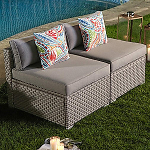 COSIEST 2-Piece Outdoor Furniture Add-on Armless Chairs for Expanding Wicker Sectional Sofa Set w Warm Gray Thick Cushions, 2 Floral Fantasy Pillows for Garden, Pool, Backyard