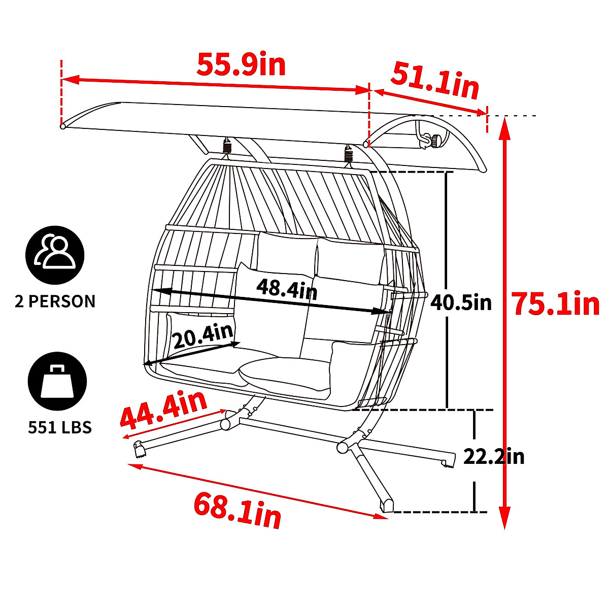 MUPATER 2 Person Hanging Egg Chair, Outdoor Swing Chair, Double Egg Chair with Metal Stand and Cushion, Porch Swing for Patio Indoor Outdoor Balcony Bedroom