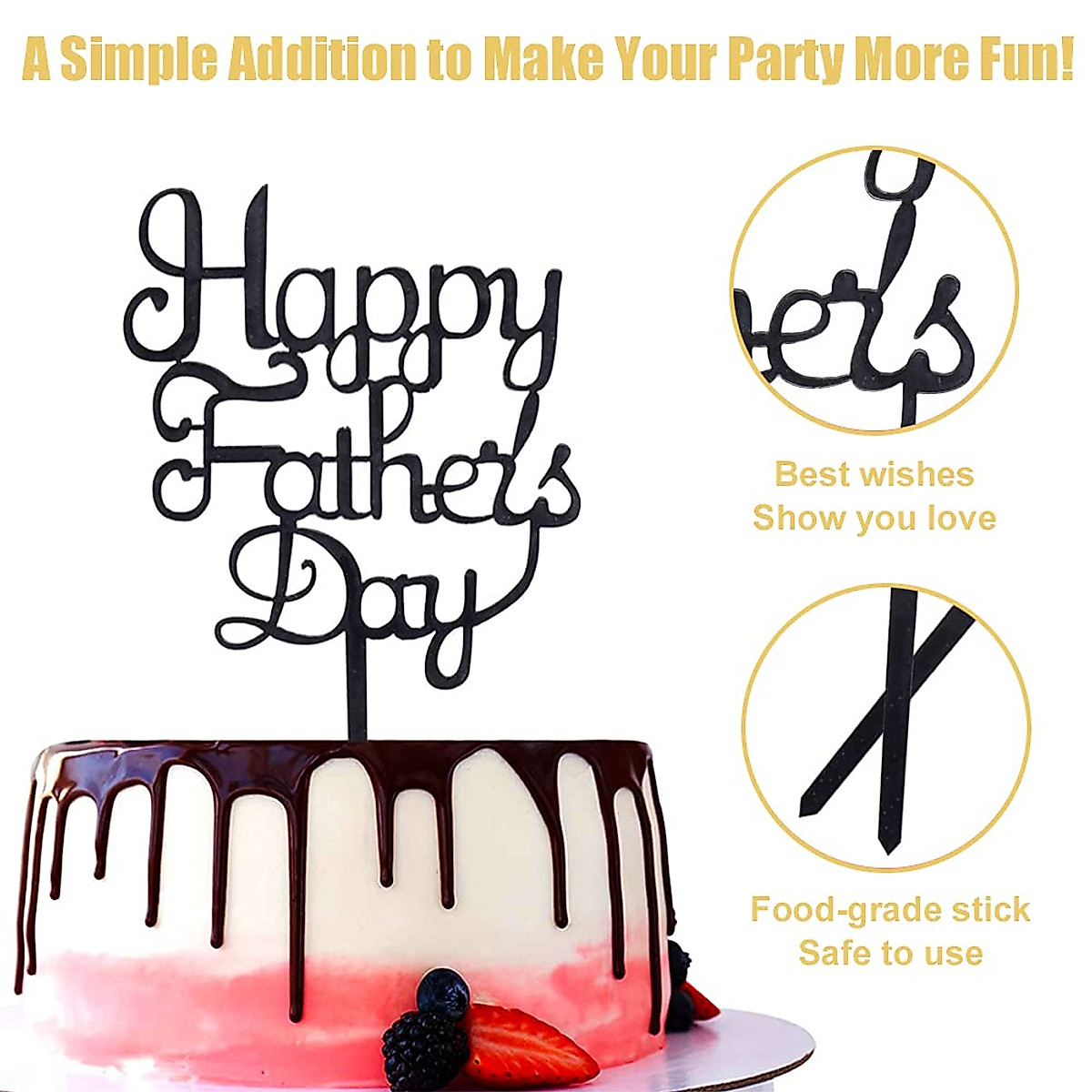 Happy Father's Day Cake Topper, 10 Pack Gold and Black Acrylic Cake Picks Cake Decorations Cake Food Decoration Party Supplies for Father's Day