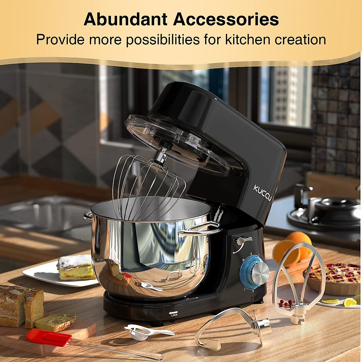 KUCCU Stand Mixer, 9.5 Qt 660W, 6-Speed Tilt-Head Food Dough Mixer, Electric Kitchen Mixer with Dough Hook, Flat Beater & Wire Whisk, Mixing Bowl (9.5-QT, Black)