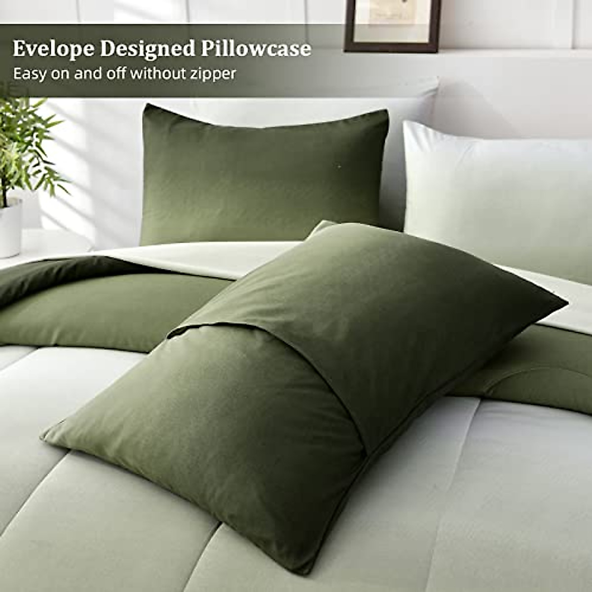 7 Pieces Gradient Olive Green Comforter Set Queen - Lightweight Green Bed in a Bag Queen Size Set, All Season Down Alternative Complete Bedding Set with Flat/Fitted Sheet, Pillowcases and Pillow Shams