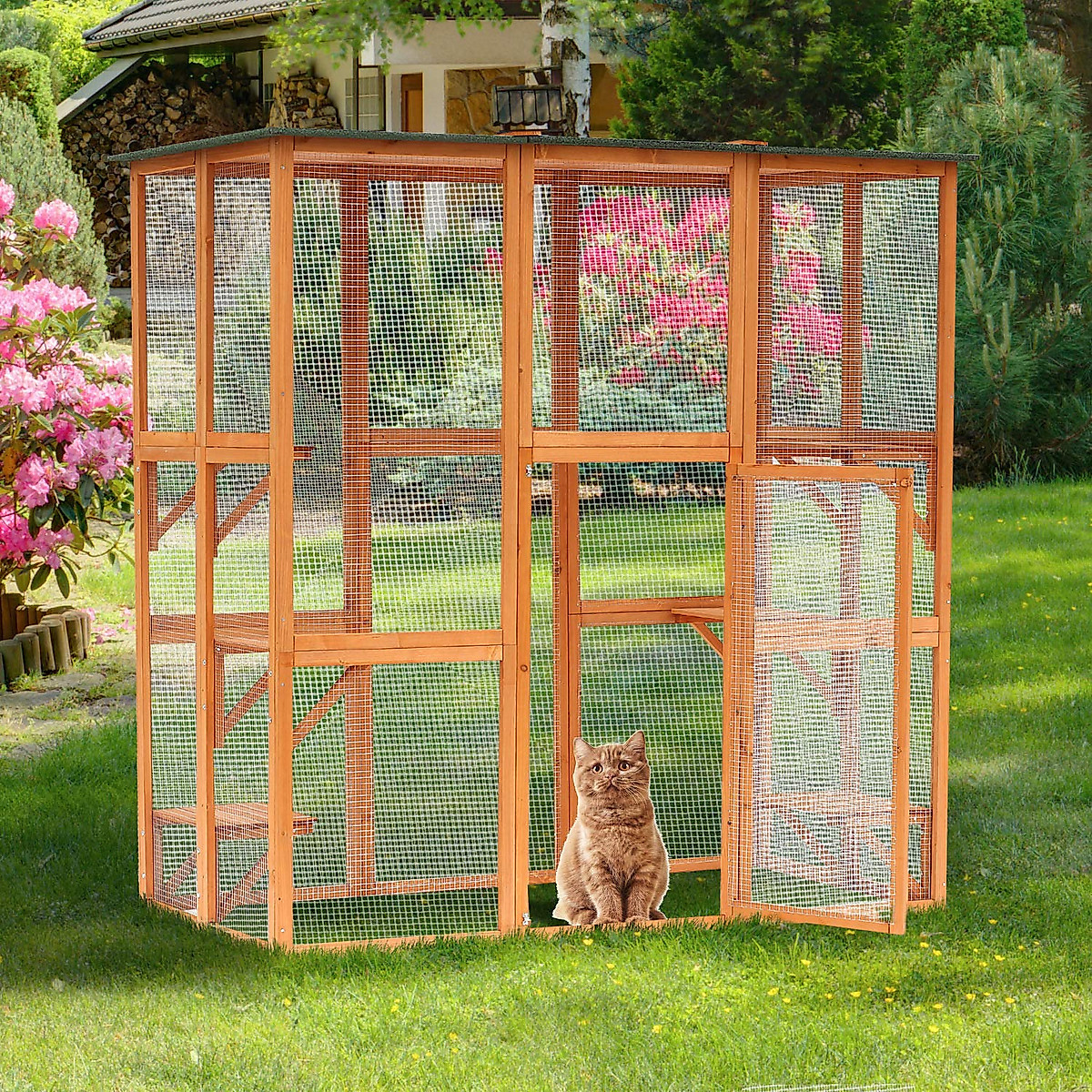 PawHut Outdoor Cat House Big Catio Wooden Feral Cat Shelter Enclosure with Large Spacious Interior, 6 High Ledges, Weather Protection Asphalt Roof, 71" L, Orange
