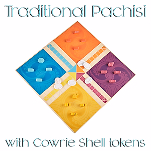 Pachisi: India's Game of Twenty-Five - Features 2-in-1 Modern and Traditional Rulesets - Double-Sided Board Game with Colorful Animal Pawns and Wooden Cowrie Shell - Family Game Night for 2-4 Players