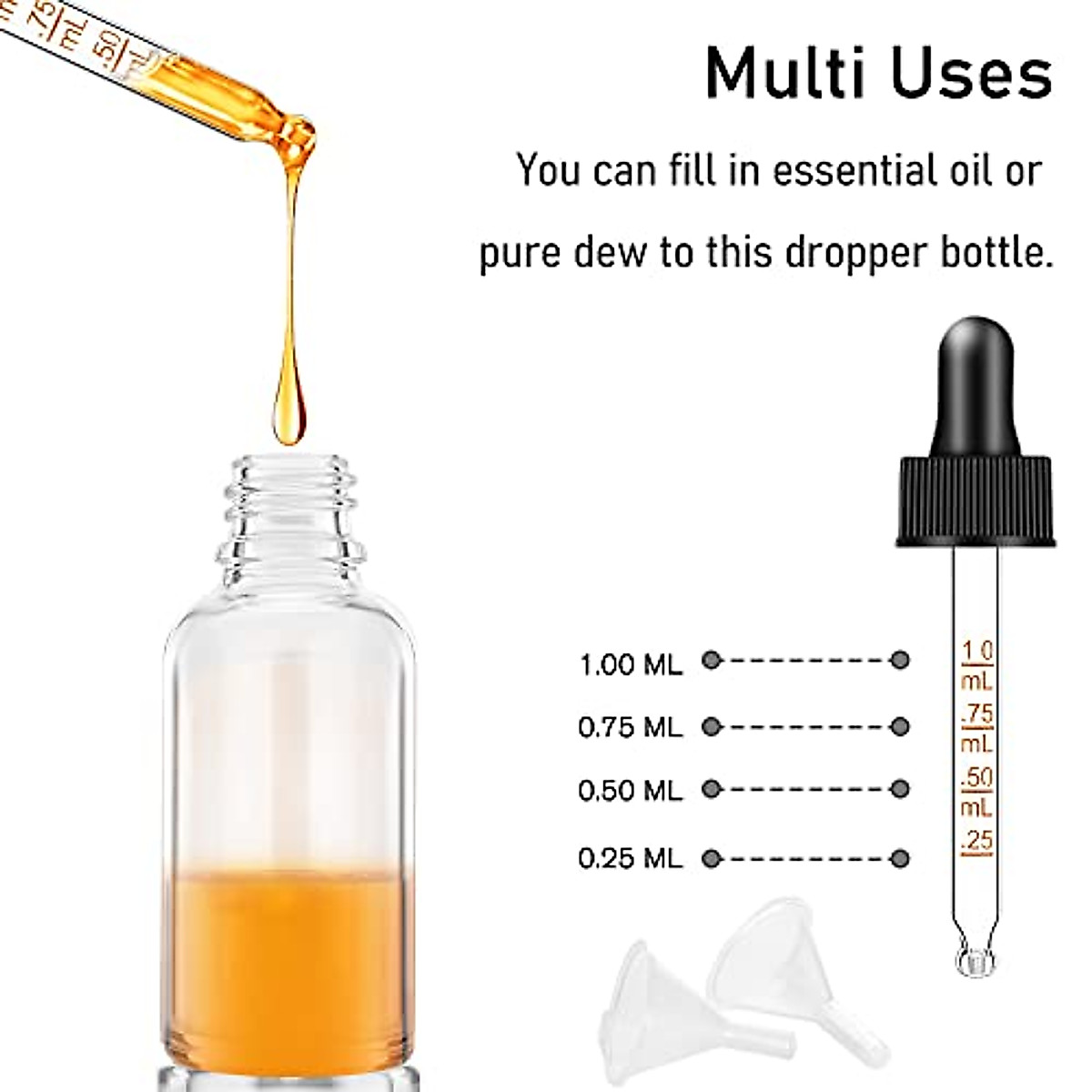 Bumobum Dropper Bottle 1 oz, Clear Glass Eye Dropper Bottles for Essential Oils with Labels and Funnel, 3 pack Tincture Bottle 30 ml with Measured Dropper