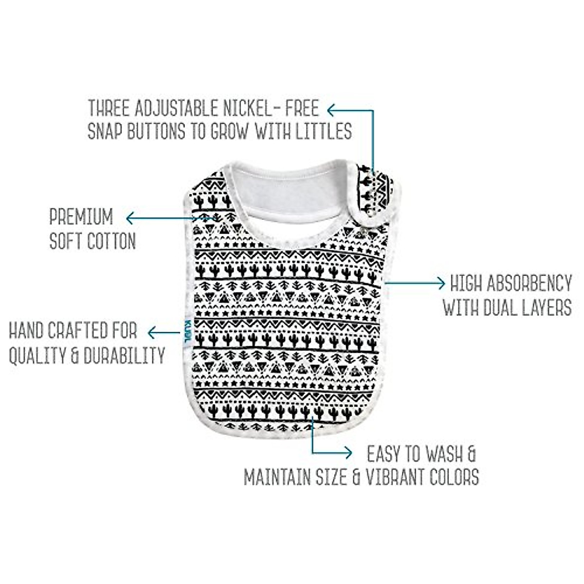 KUDL Baby Bibs Large Burpy Cloth 4 Pack Gift Set Soft Absorbent Feeding Reflux Drool Teething Bibs, Adjustable Snap Buttons, Funny Designs for Boys & Girls - Aztec Black & White
