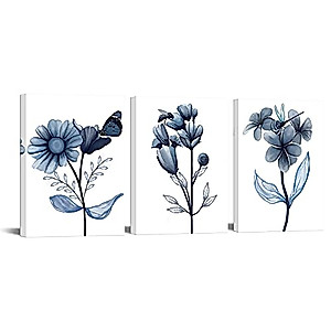 sechars 3 Piece Canvas Wall Art Navy Flower Painting Art Prints Blue Floral With Butterfly Picture Artwork Modern Bedroom Bathroom Wall Decor Framed Ready to Hang Each Panel 12x16 Inches
