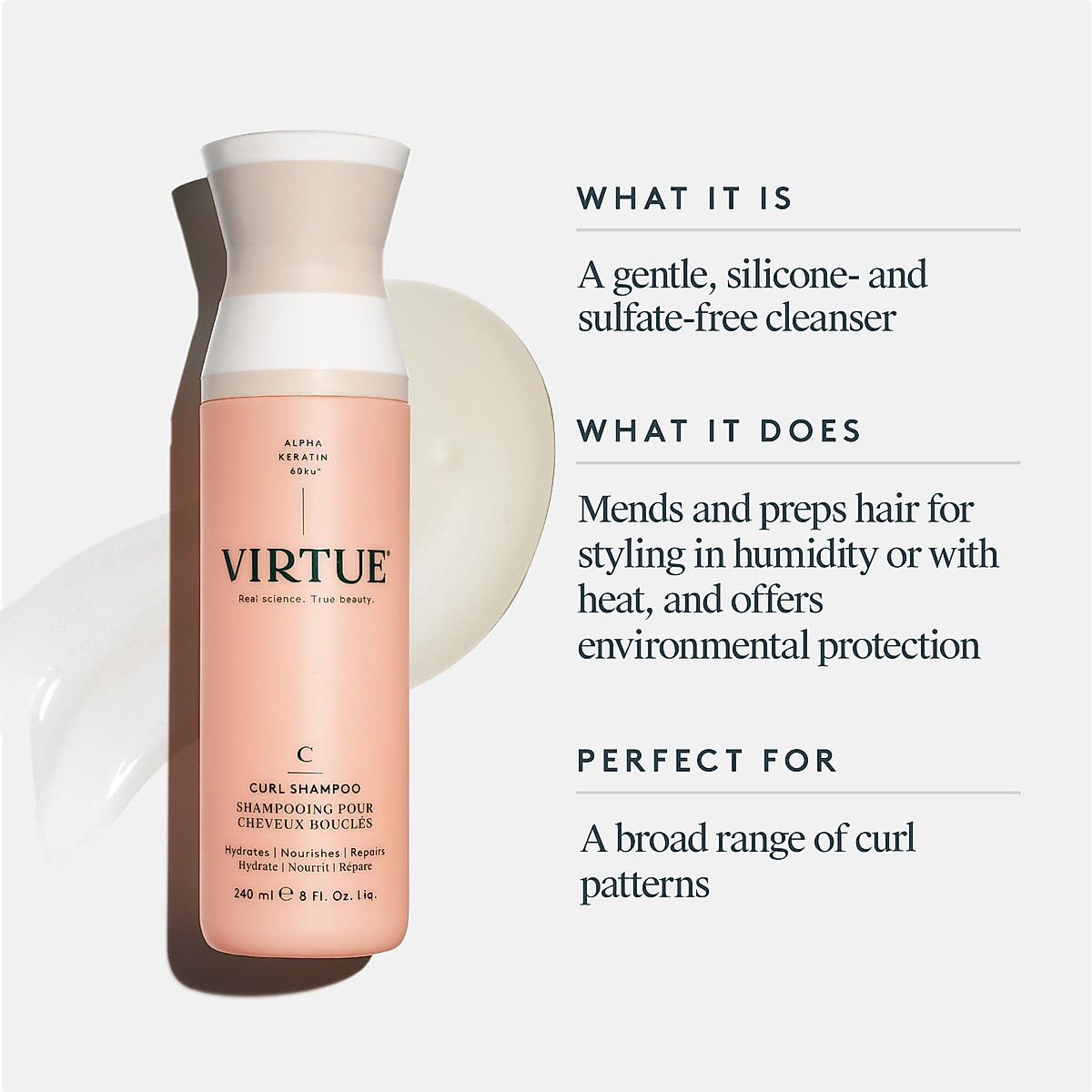VIRTUE Curl Sulfate Free Shampoo with Jojoba Oil, Hydrates, Nourishes & Repairs Curly Hair with Frizz Control, Color Safe