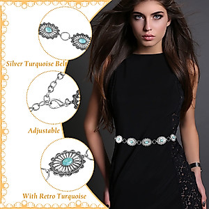 Henoyso Western Metal Belts for Women Silver Oval Flowers Chain Waist Chains for Dresses Jeans Western Cowgirl (Elegant)