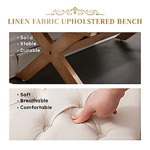 Bonzy Home Tufted Entryway Storage Bench, 36" French Vintage Bedroom Dining Room Benches with X-Shaped Legs, Fabric End of Bed Bench for Bedroom Dining Room Living Room Entryway, Beige