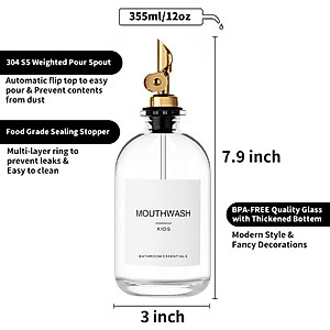 HomeFeel Mouthwash Dispenser for Bathroom, 12.7 oz, 2 Pack - Glass Mouthwash Bottle with 304 Stainless Steel Spout & Minimalist Labels, Style Mouthwash Container, Gold