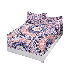 Fitted Sheet Twin XL Size Bed Sheets with Deep Pocket,Indian Mandala Abstract Floral Brushed Microfiber Hotel Bed Sheet with Pillow Case,Ethnic Style Circle Line Block Mattress Cover with Elastic