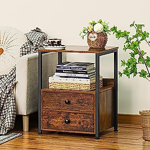 Lerliuo Nightstand, Industrial Bed Side Table with 2 Drawers Storage Open Shelf, Sturdy End Table with Steel Frame, Night Stand for Bedroom, Living Room, Vintage Brown