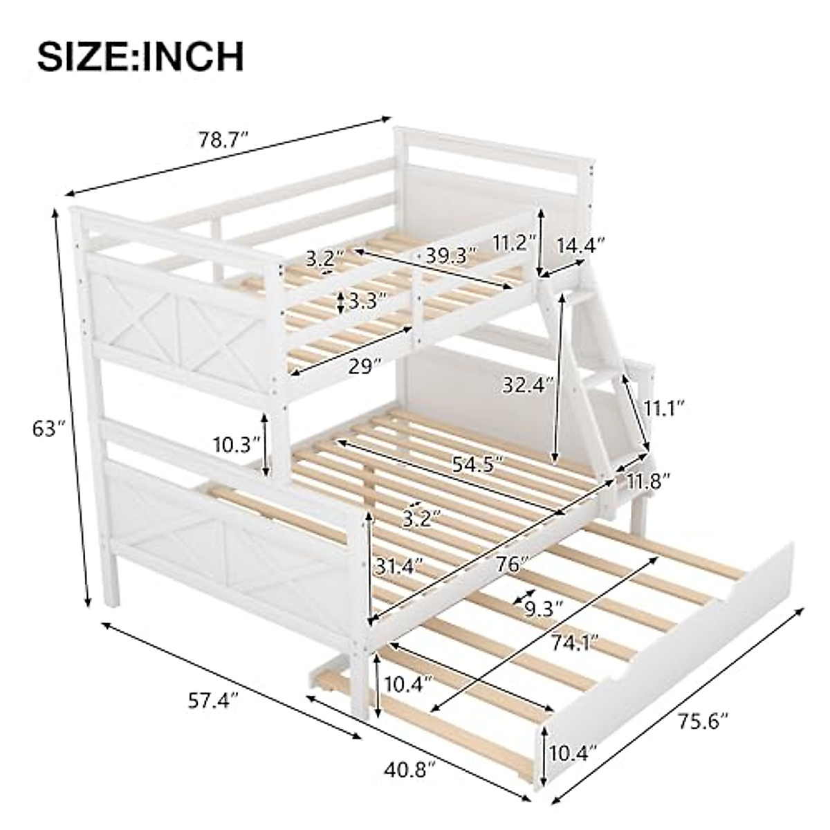 DEYOBED Twin Over Full Bunk Bed with Twin Size Trundle, Wooden Bed Frame with Ladder and Safety Guardrail for Kids Boy Girls, Can Convertible into 2 Separated Beds, White