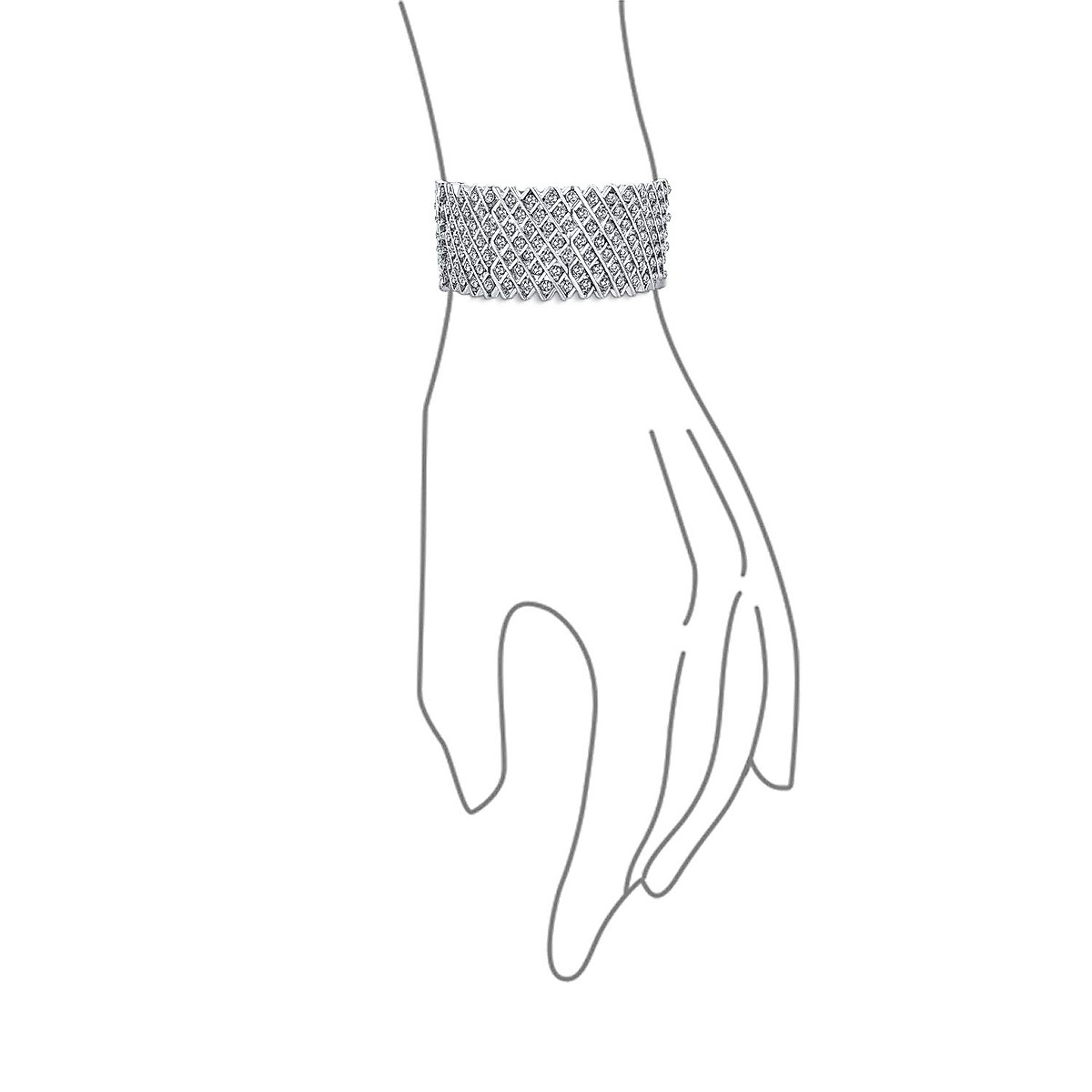 Bling Jewelry Brides Wedding Fashion Wide Silver Plated White Crystal Encrusted Statement Stretch Bracelet for Women Teens Prom Adjustable