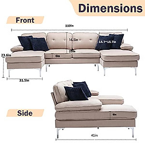Zugoni 110''Sectional Sofa U Shaped Sectional Couch, Large Sectional Couches with Tufted for Living Room, Comfy Soft Chaise Sectional Sofas, Modern Linen Sectionals with 4 Free Throw Pillows, Beige